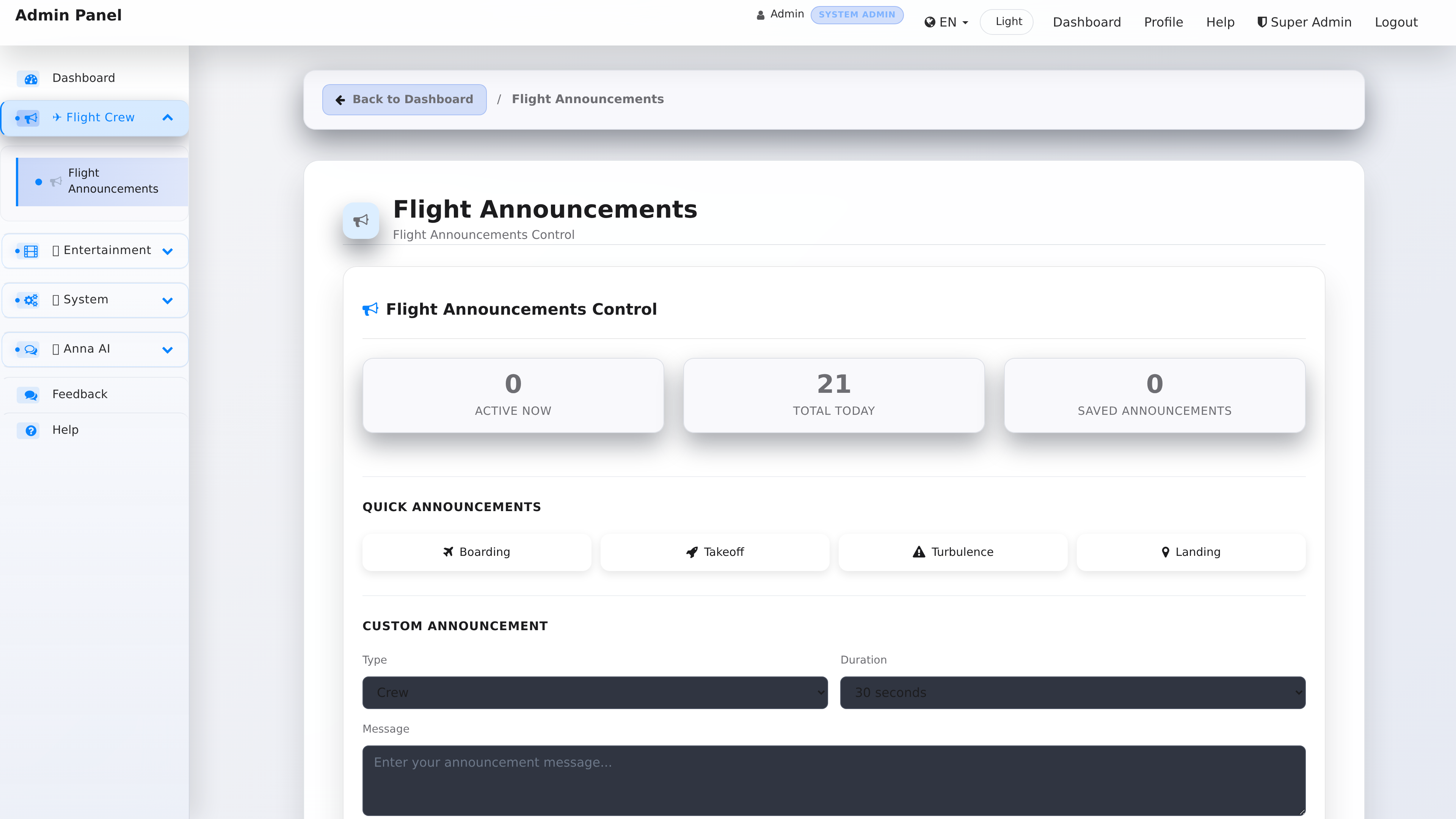 Admin Controls | IFE System Management Dashboard